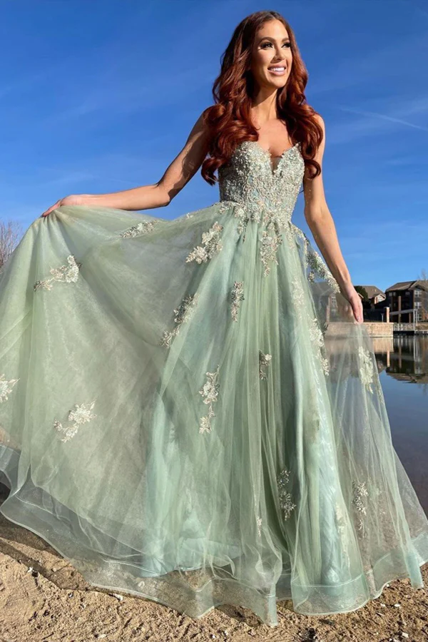 A-Line Mint Green Tulle Prom Dress with Appliques - JLDressCA
