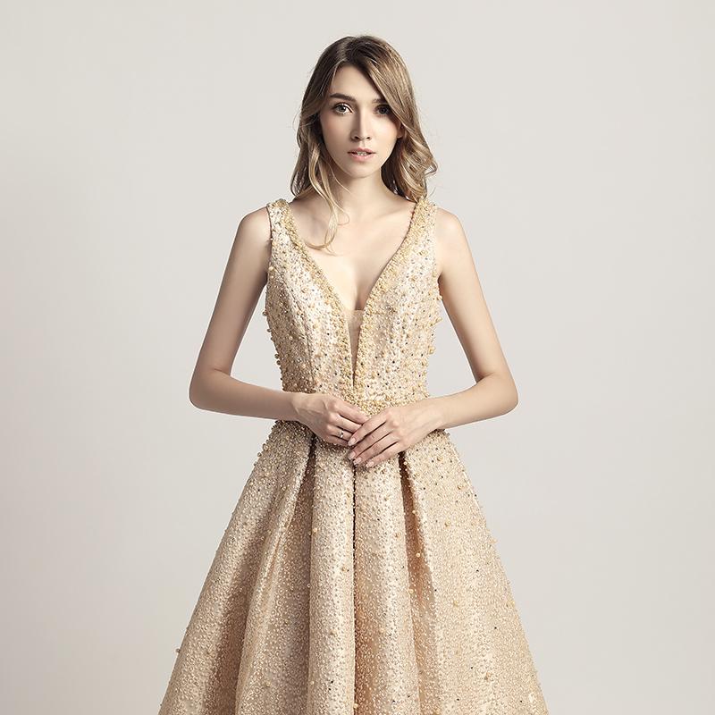 Luxurious Beaded Pearls Long Prom Dresses | V-Neck Evening Gowns ...