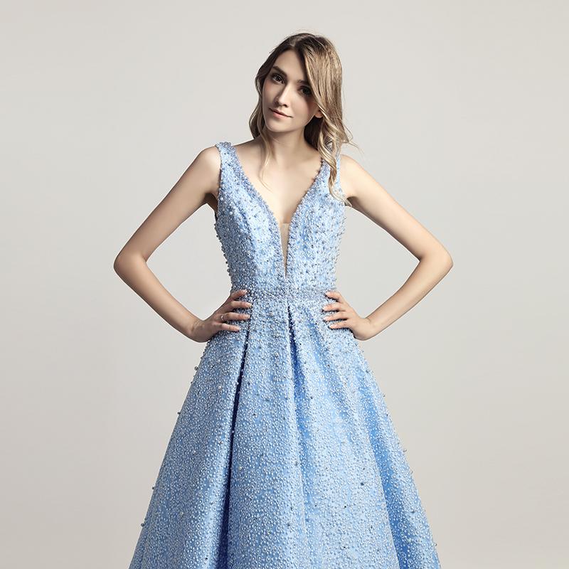 Luxurious Beaded Pearls Long Prom Dresses | V-Neck Evening Gowns ...
