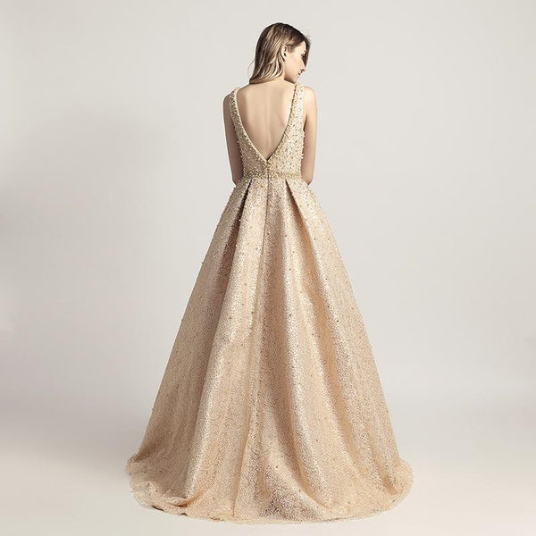 Luxurious Beaded Pearls Long Prom Dresses | V-Neck Evening Gowns ...
